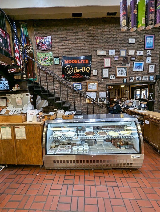 The display case tempts you with take-home treats. Because the only thing better than Moonlite barbecue is Moonlite barbecue for tomorrow's lunch.