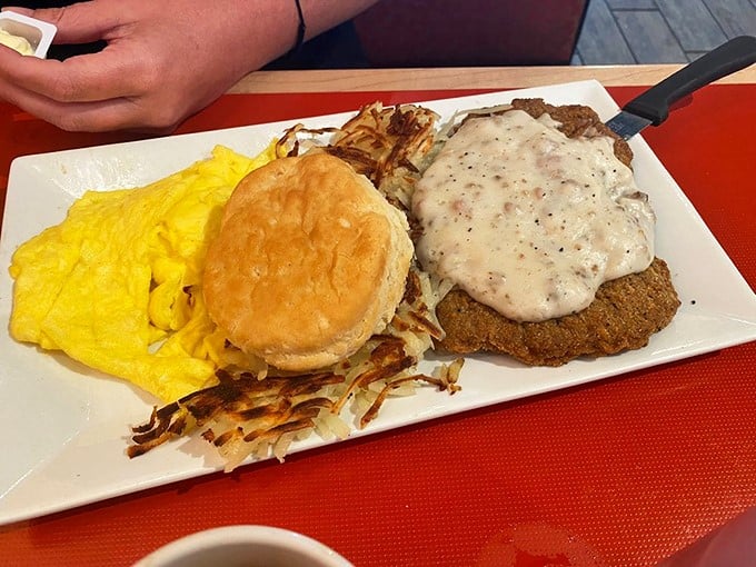Country fried steak with gravy that would make your grandmother both proud and jealous. Those eggs and hash browns are just showing off at this point.