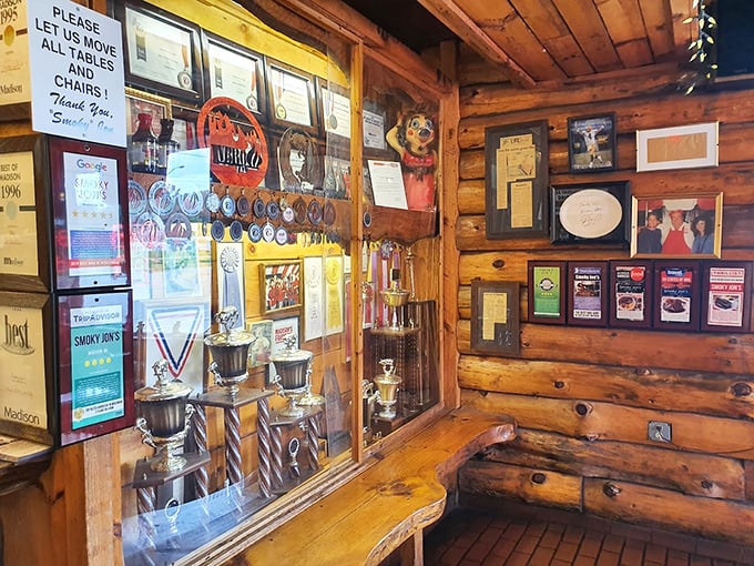 Trophy cases filled with barbecue competition hardware &ndash; silent testimony that this isn't just local fame, it's nationally recognized excellence.