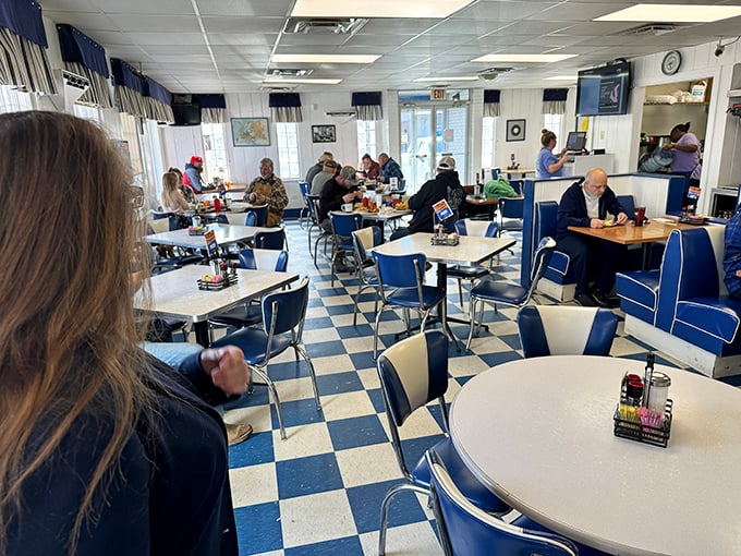 Where strangers become neighbors over eggs and coffee. Notice nobody's looking at their phones &ndash; that's the Blue & White magic.