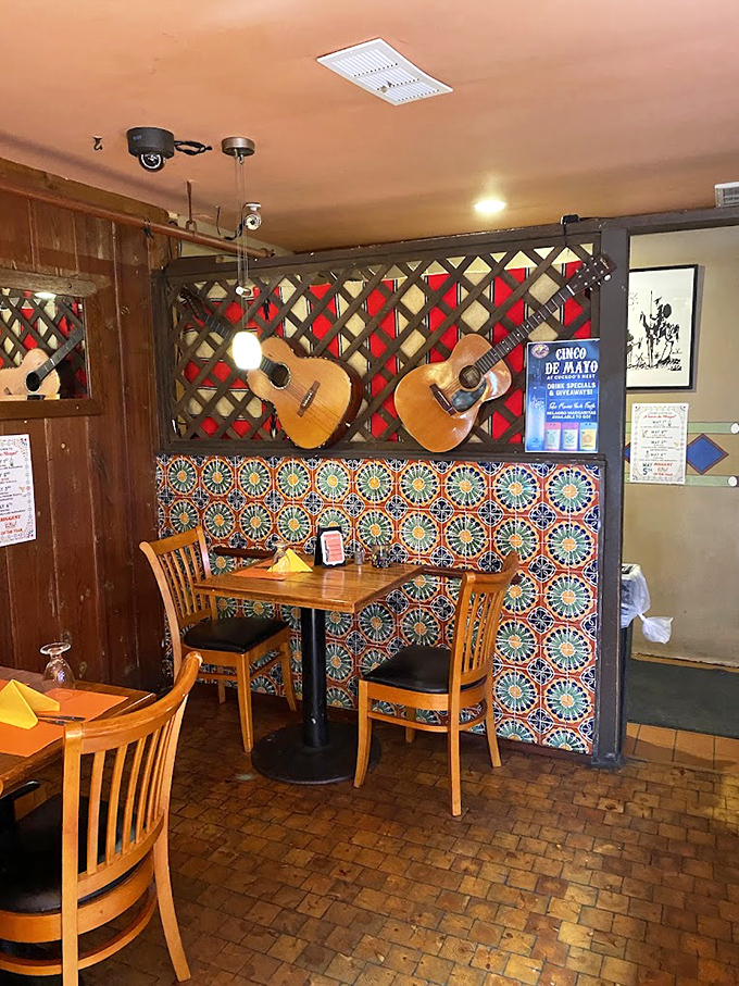 Wooden beams and colorful tiles create the perfect backdrop for food-based decision making. Choosing here is deliciously difficult.