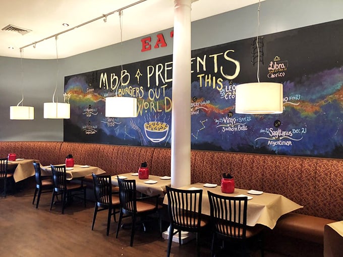 That cosmic mural isn't just decoration&mdash;it's a declaration that these burgers are indeed out of this world. The restaurant knows exactly what celestial bodies they're serving.