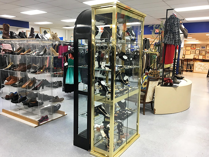 Display cases housing costume jewelry that sparkles with the optimism of cubic zirconia&mdash;treasures waiting for their next night out.