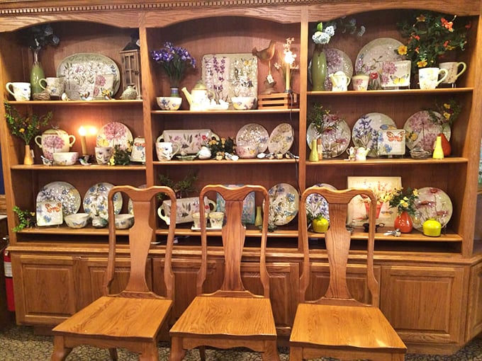 Beautiful china display showcasing the delicate contrast to the hearty, substantial food served just steps away.