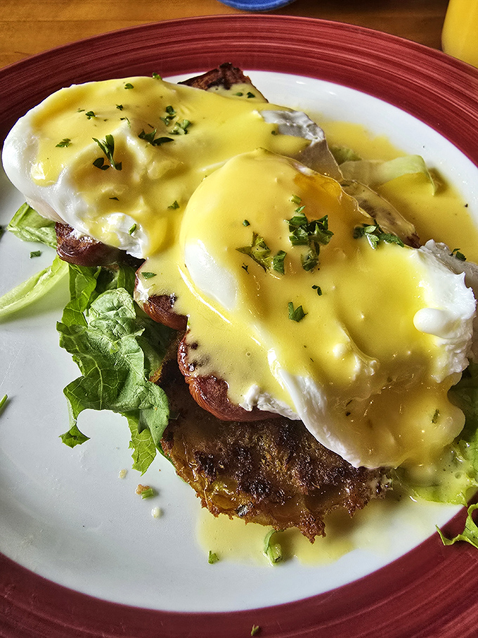 Hollandaise sauce cascading over perfectly poached eggs like a golden waterfall. Benedict has never looked so tempting on its throne of crispy goodness.