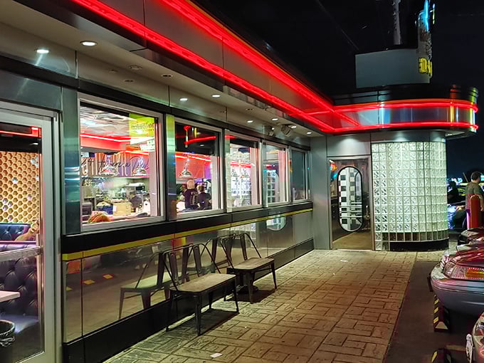 As evening falls, the Honey Bee's neon glow transforms into a lighthouse for the breakfast-for-dinner crowd and night owls.