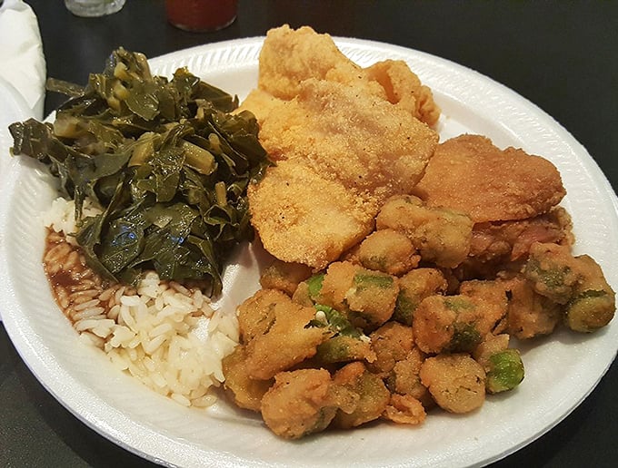 White rice creates the perfect canvas for that river of gravy, while collards and fried delights remind you why buffets were invented.