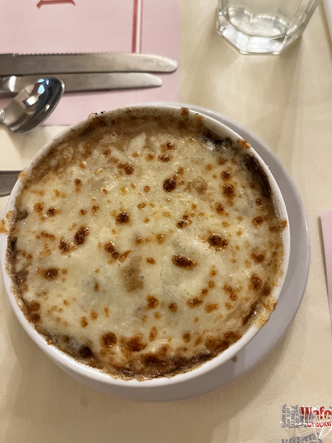 French onion soup done right&mdash;a bubbling cauldron of cheese and comfort that's worth the inevitable chin dribble.