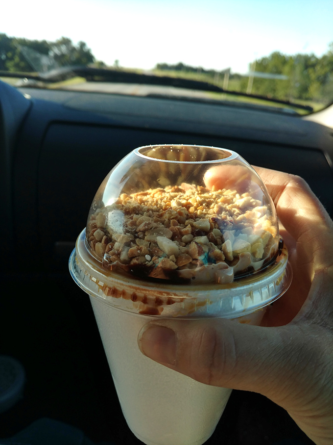 The Fudge Monkey sundae in its natural habitat&mdash;being whisked away in a car for immediate consumption. Some treasures can't wait.