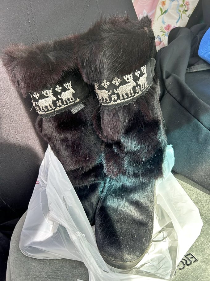 Fur boots with embroidered reindeer&mdash;someone's Alaskan adventure becomes your winter statement piece. Practical meets conversation starter.