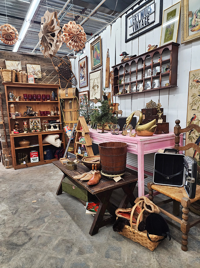 From wooden buckets to brass figurines, this eclectic corner showcases the kind of craftsmanship that predates planned obsolescence by about a century.