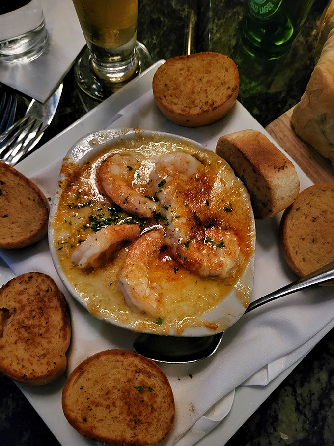 Havarti cheese bubbling around plump shrimp with toasted bread standing by. This appetizer doesn't just start the meal&mdash;it sets the standard.