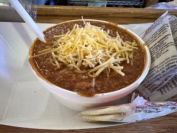 This isn't just chili &ndash; it's a warm hug in a bowl, topped with cheese that melts with the enthusiasm of someone who truly understands comfort.