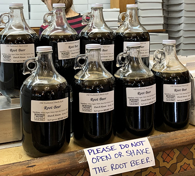 Old-fashioned root beer in glass jugs stands ready for thirsty travelers&mdash;just don't shake it, unless you're planning an impromptu Pennsylvania Dutch fountain show.