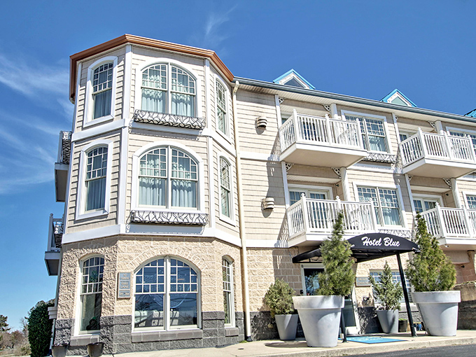 Hotel Blue's distinctive architecture adds coastal elegance to Lewes' accommodations. Those balconies aren't just for show&mdash;they're front-row seats to small-town charm and sea breezes.
