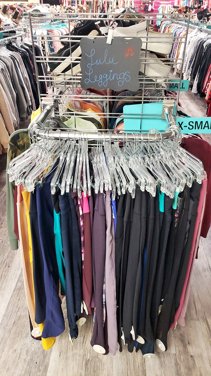 Lulu leggings hang in a rainbow of hues, ready to outfit yoga enthusiasts and comfort-seekers without the premium price tag.