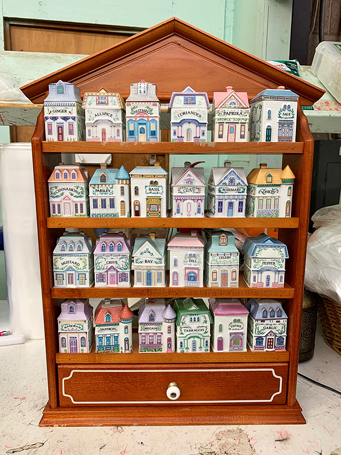 A miniature Victorian neighborhood of spice containers that makes organizing your paprika and oregano feel like an episode of Downton Abbey.