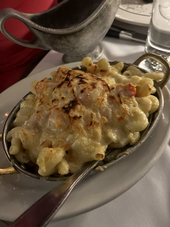 Lobster mac and cheese: where childhood comfort meets grown-up luxury in a bubbling cauldron of creamy, crusty perfection.