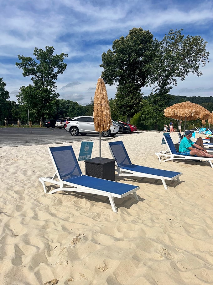 Sandy shores and lounge chairs create an instant vacation vibe. The "Rent Me" signs are merely a formality&mdash;your tired legs will make the decision.