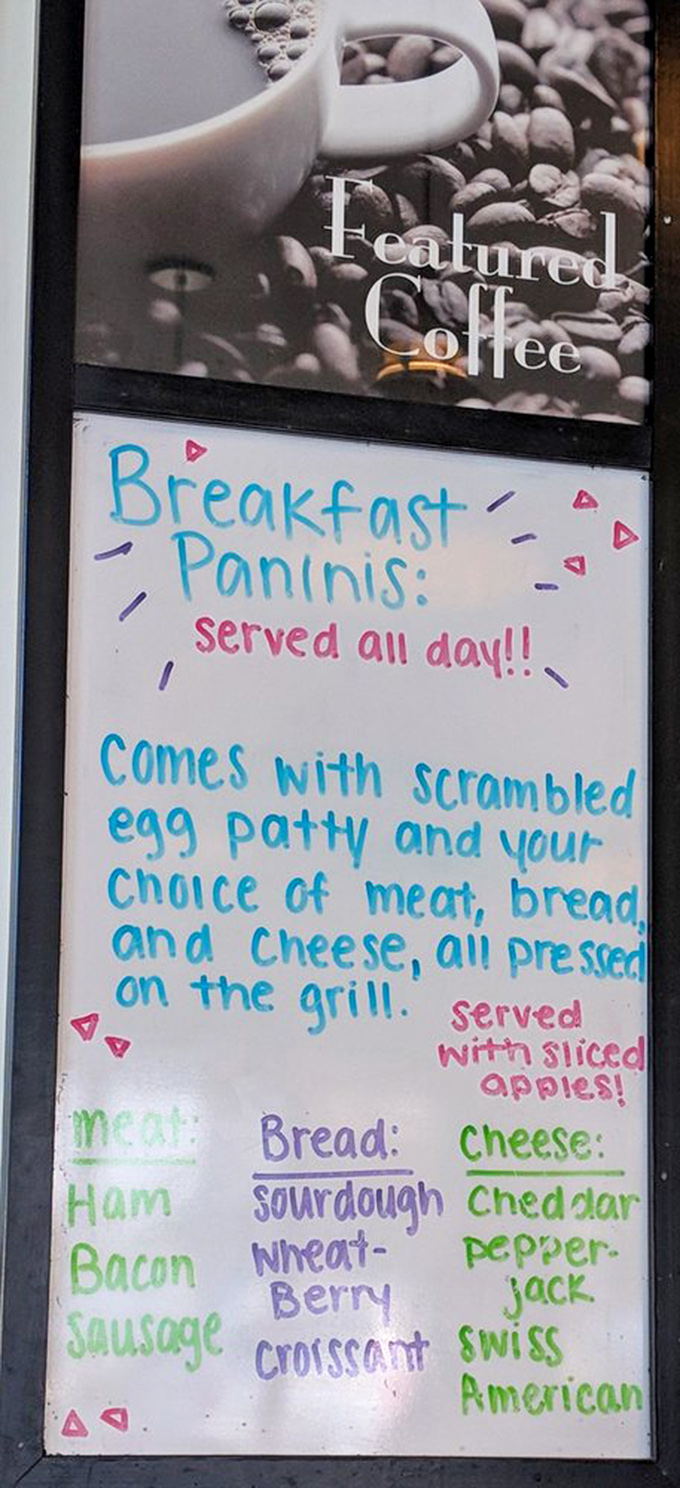 Breakfast paninis served all day&mdash;because whoever decided when breakfast should end clearly never had one of these. The colorful menu board is practically singing "Good Morning" at 3pm.