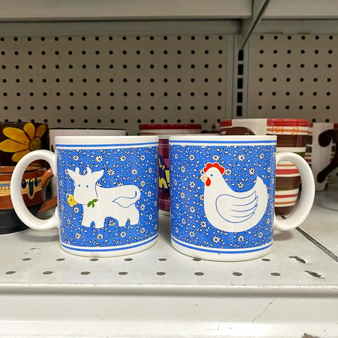 Farm-themed mugs that somehow survived the great farmhouse d&eacute;cor trend of 2018. The cow and chicken are ready for your morning coffee.