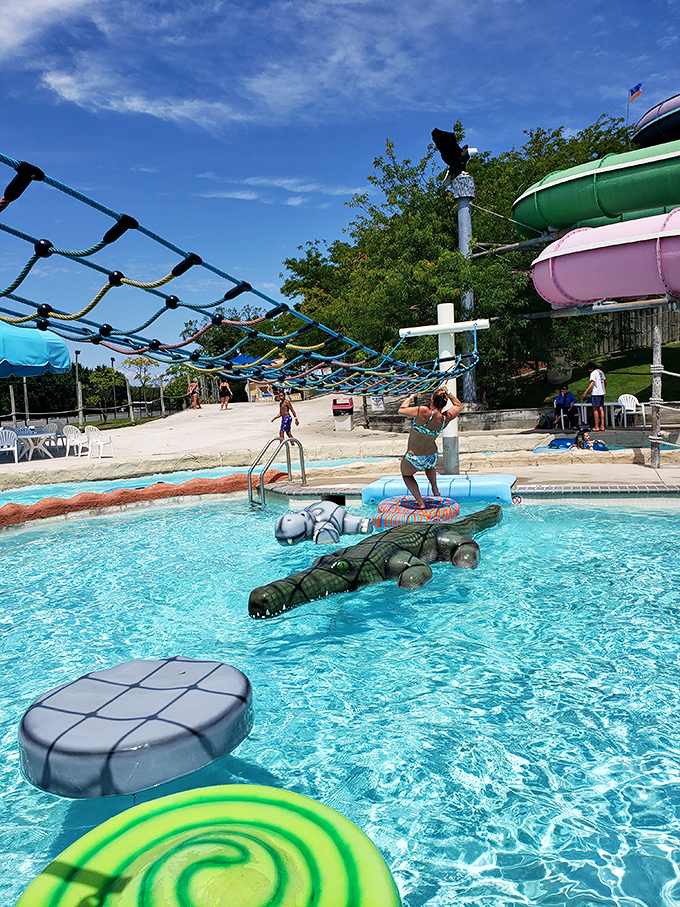 Walk the plank, balance on crocs, or navigate floating obstacles &ndash; this pool challenge course tests even the most coordinated water warriors.