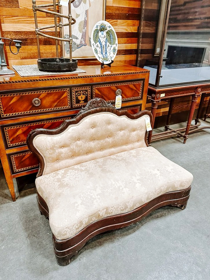 This elegant settee and inlaid dresser pairing is the furniture equivalent of finding vintage Chanel at a yard sale&mdash;sophisticated history at a fraction of new prices.
