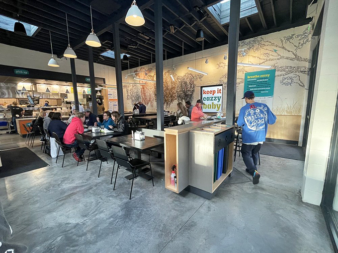 The indoor dining area balances communal and intimate perfectly, with enough space to enjoy your burger without sharing it with strangers.