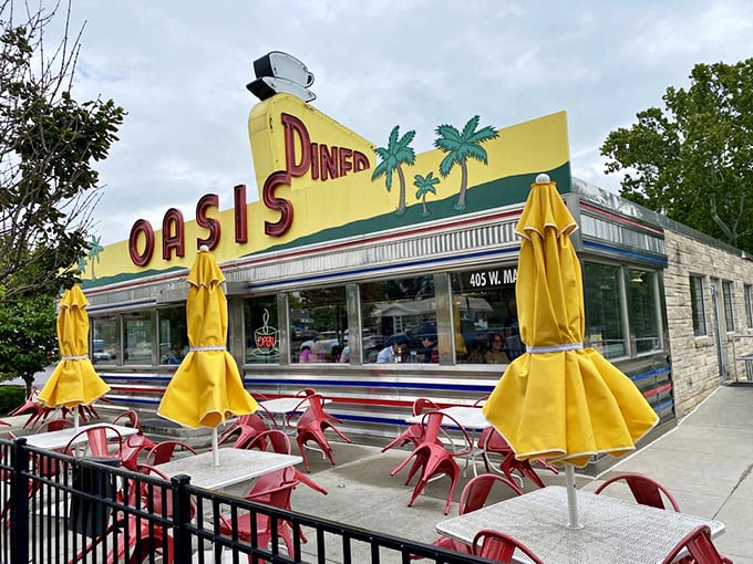 The cheerful yellow umbrellas on the patio match the diner's iconic sign&mdash;a splash of sunshine even on cloudy Indiana days.