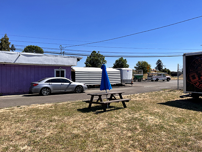 One lonely picnic table waits for the next barbecue pilgrim. In summer, this spot is hotter than front-row tickets to Hamilton.