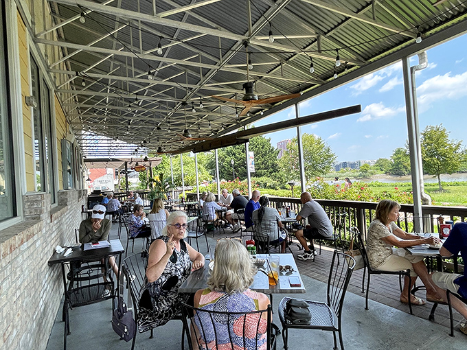 The outdoor seating area offers fresh air with your fresh catch, proving that seafood tastes even better with a side of sunshine and river views.
