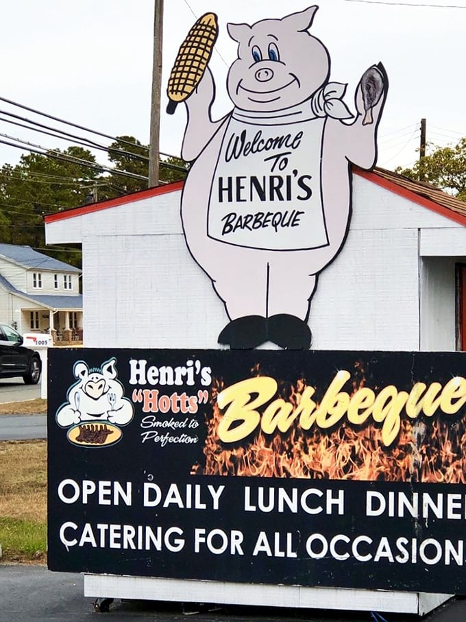 The cheerful pig mascot promises delicious things ahead. He's the most honest advertising you'll see all day.