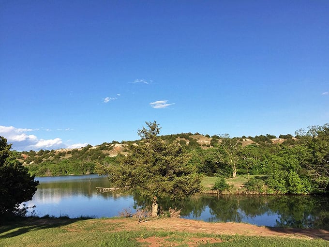 Autumn paints the shoreline in golden hues, while the boat dock patiently waits for adventurers ready to explore Lake Watonga from a duck's perspective.