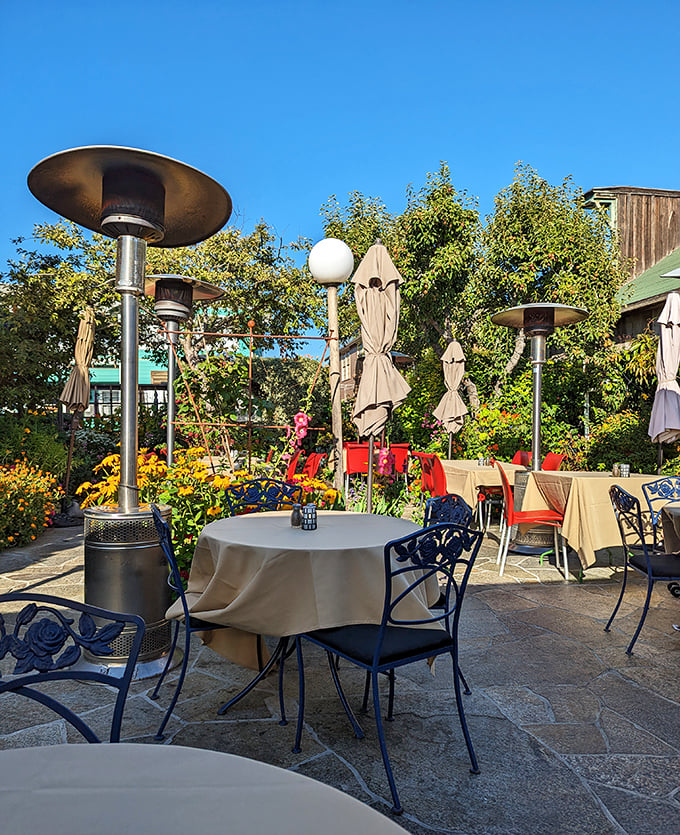 The garden patio offers al fresco dining where California sunshine is served as a complimentary side with every meal.
