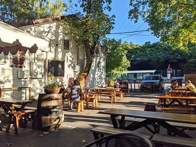 On Portland's rare perfect summer days, this patio becomes the neighborhood's collective living room, with picnic tables that have hosted countless celebrations.