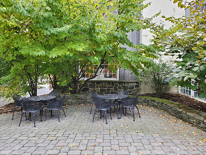 Dappled sunshine through autumn leaves makes this patio the perfect lunch spot. Historic charm meets outdoor dining in this secluded courtyard.
