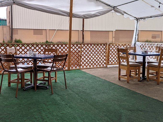 The patio offers al fresco dining with a side of New Mexican sunshine—nature's perfect dining companion.