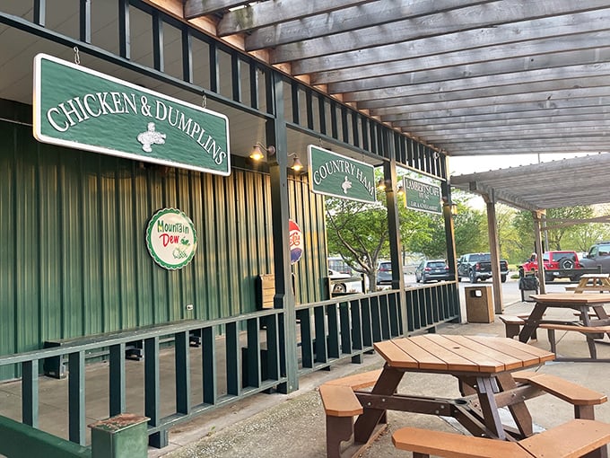 The outdoor patio offers a moment of respite before the indoor feast begins. Those picnic tables have heard many a "I couldn't eat another bite."