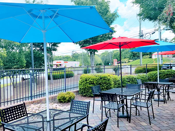 A patio that offers fresh air with your fresh catch&mdash;those colorful umbrellas providing shade for serious seafood contemplation.