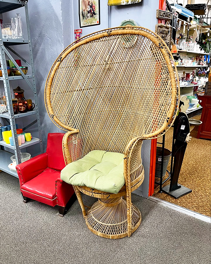 The iconic peacock chair&mdash;throne of 1970s bohemian glamour&mdash;makes anyone sitting in it look like they're about to drop a folk album.