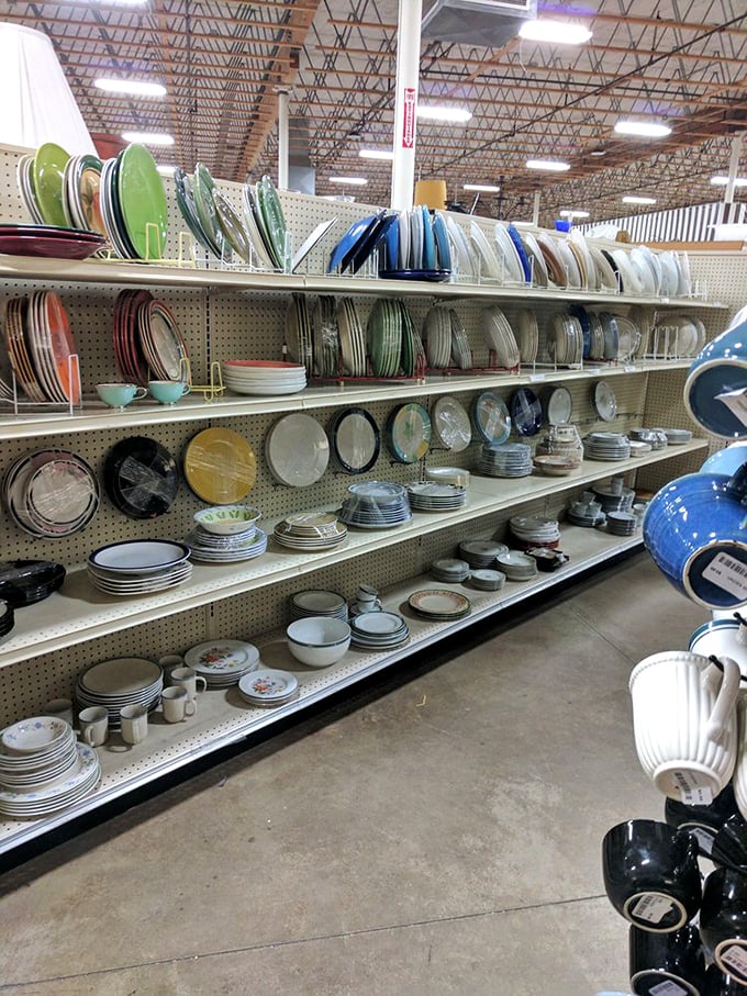 Dishware organized with military precision, offering patterns from grandma-chic to surprisingly modern&mdash;all awaiting your dining table debut.