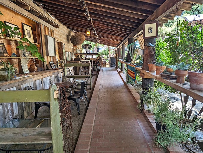 A porch that invites you to linger, where potted plants and weathered wood create California's version of a front porch.