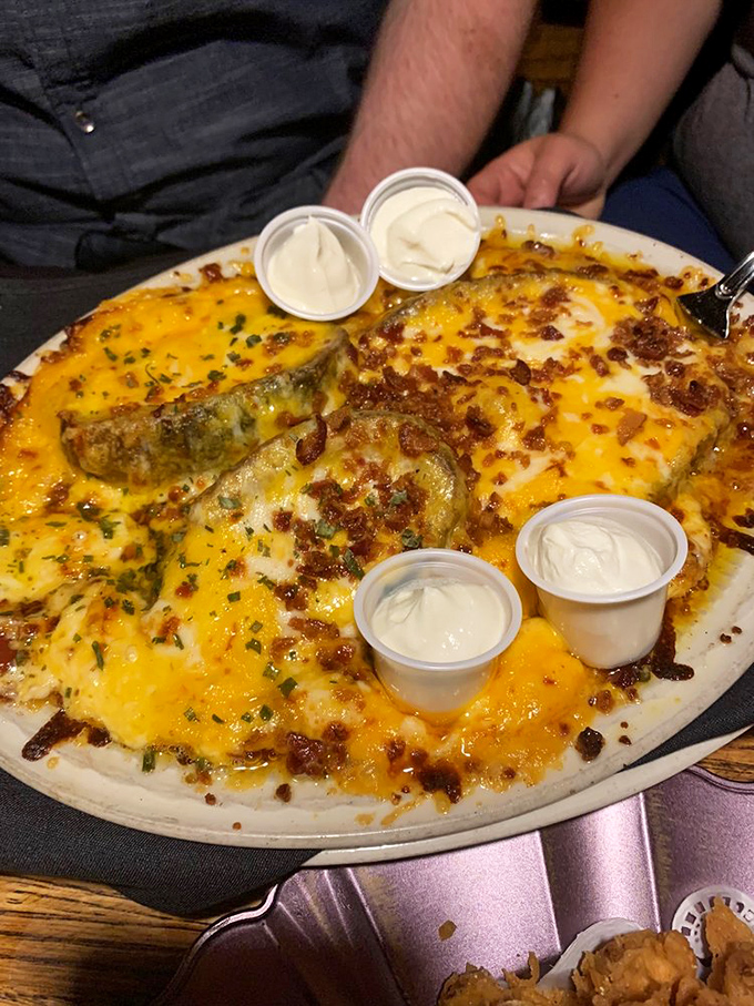 Cheese-smothered potato skins arrive like a volcanic eruption of comfort food, with sour cream cooling stations strategically positioned for dipping.