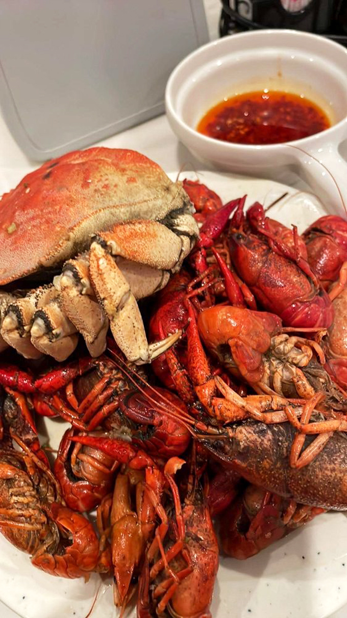 The seafood motherload—crab, crawfish, and their crustacean cousins gathered for what looks like a delicious family reunion on your plate.