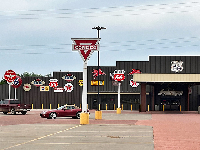 Vintage gas station signs stand like sentinels of America's automotive golden age, when filling stations were landmarks, not convenience stores.