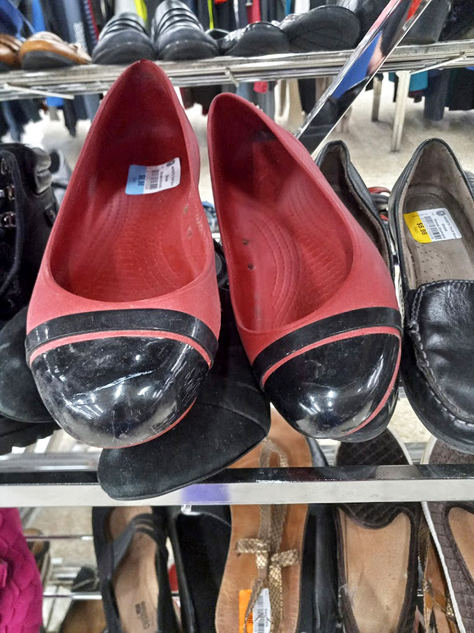 These shoes have stories to tell, like that pair of red flats clearly designed for someone who loves attention.
