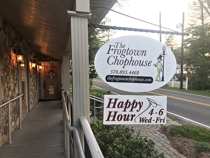 The welcoming sign promises happy hour specials that make Wednesday through Friday even happier. That frog knows how to throw a party. 