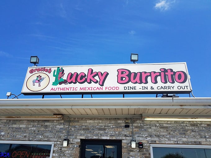 The daytime view of Lucky Burrito's sign promises authentic Mexican food with a side of Illinois sunshine. No filter needed.