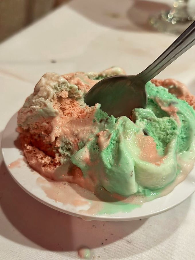 Spumoni ice cream in colors that would make a 1950s kitchen designer weep with joy &ndash; and flavors that make everyone else smile.