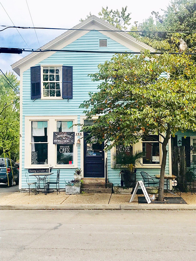 Blue-hued Stella and Me Caf&eacute; adds a pop of color to the historic streetscape. This charming spot promises homemade comfort in a building that's seen centuries of change.